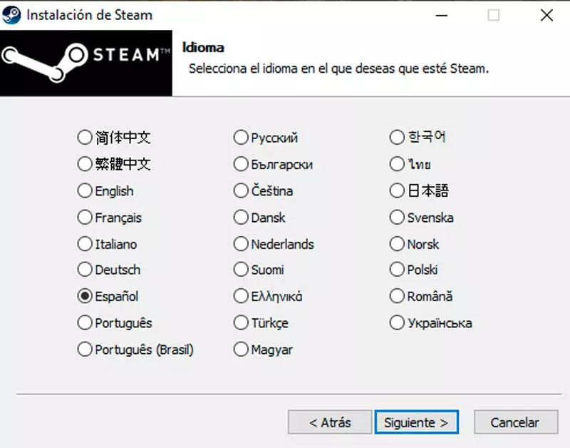 Instale o idioma do Steam