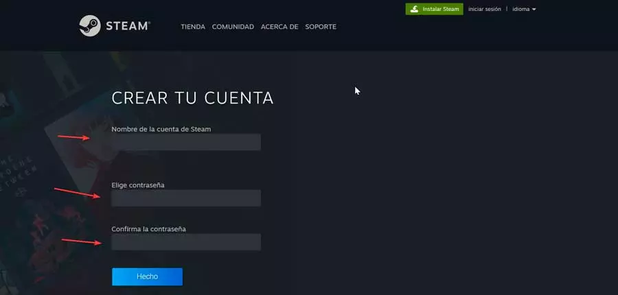 Nome de usuário e senha para o Steam