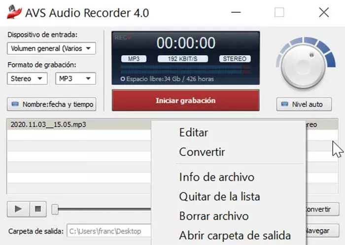 Informações de áudio do AVS Audio Recorder criadas