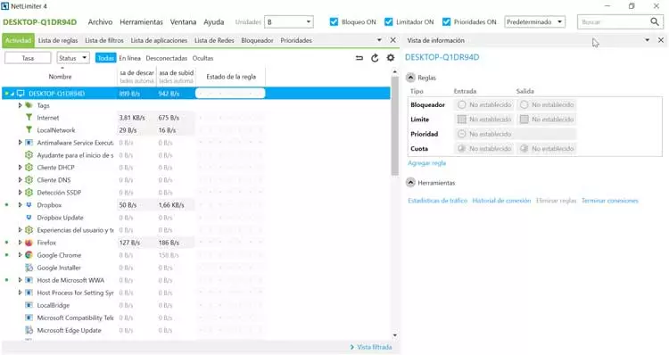 Interfaccia NetLimiter