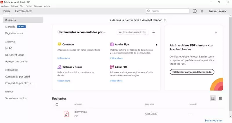 Menú principal de Acrobat Reader DC