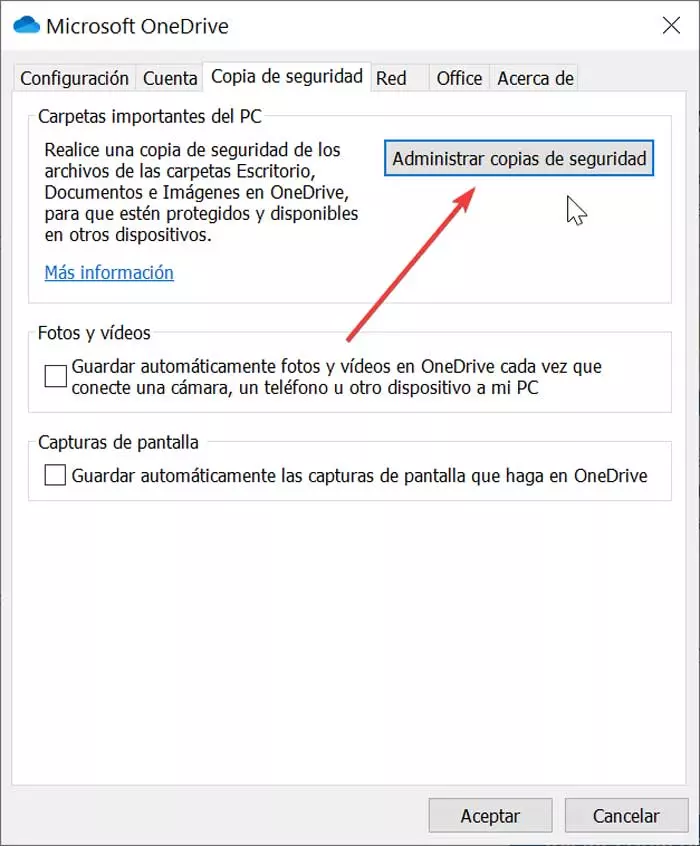 Kartica OneDrive Manage Backups