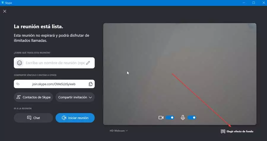 Skype egin klik atzeko planoko efektua aukeratu