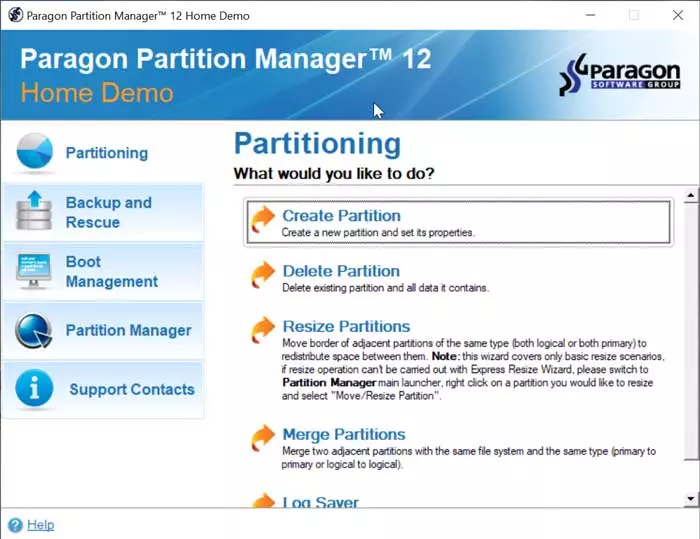 Paragon Partition Manager مين مينيو