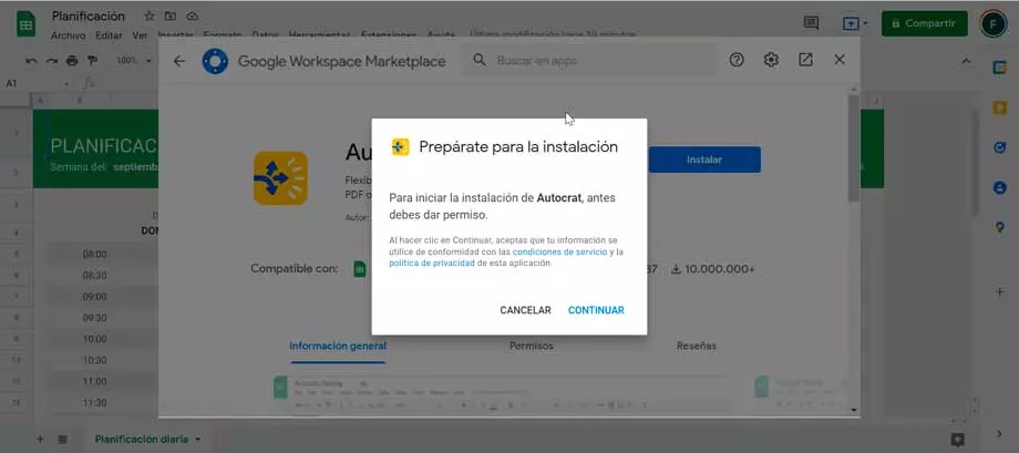 Permisos de Follas de cálculo de Google para instalar complementos