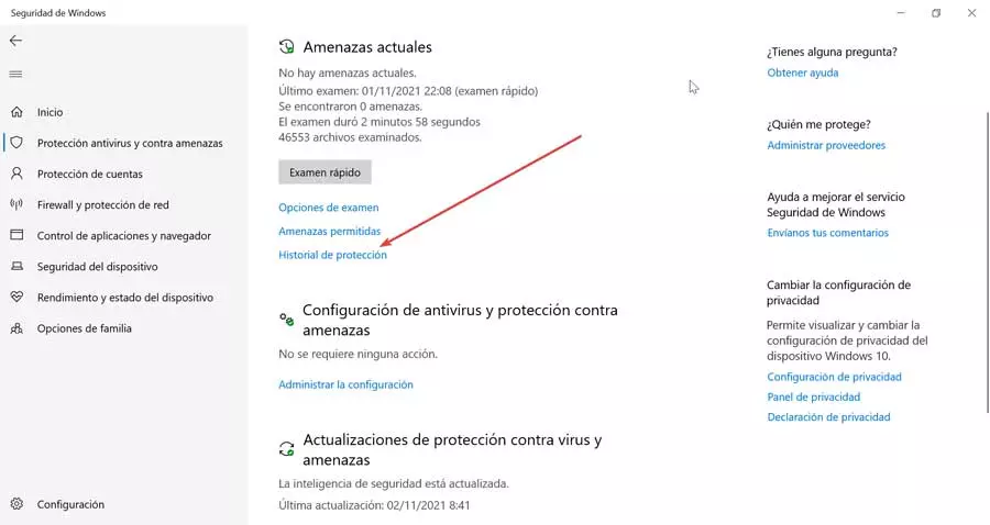 Windows Defensar historial de protecció