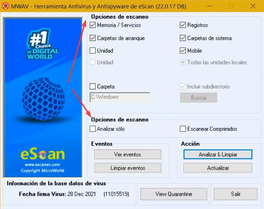 Mga opsyon sa pag-scan ng eScanAV Anti-Virus Toolkit