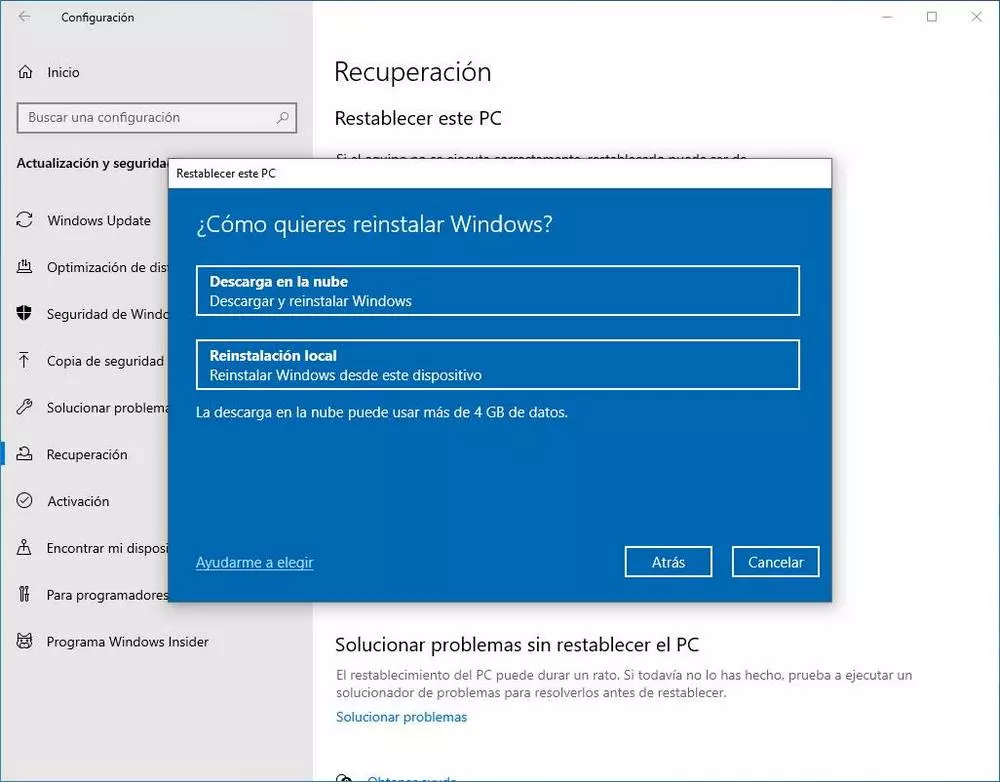 Ripristina Windows 10 dal cloud
