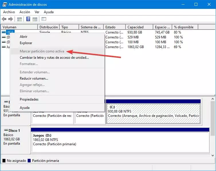 Menedżer dysków systemu Windows 10 — partycja jako aktywna