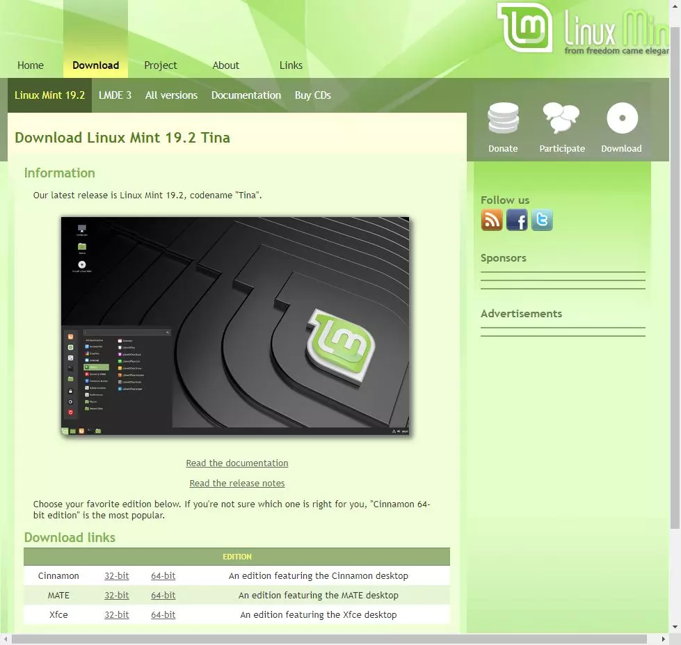 Stránka na stiahnutie Linux Mint