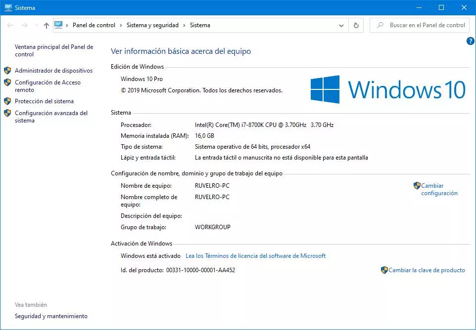 Propriétés PC Windows 10