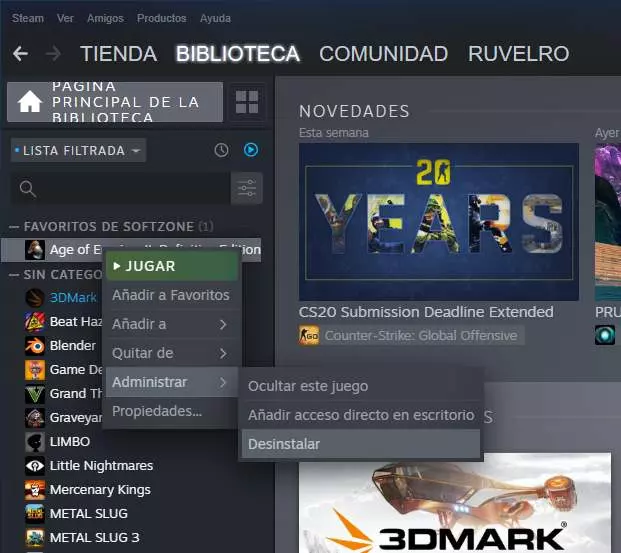 Desinstalatu jokoa Steam-en