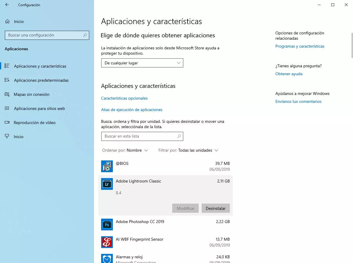 Desinstalatu aplikazioak Windows ezarpenak