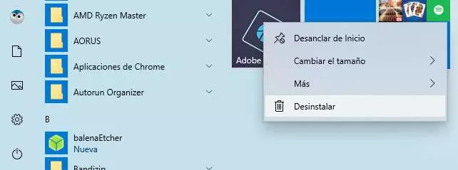 Desinstalatu UWP W10 hasierako menutik