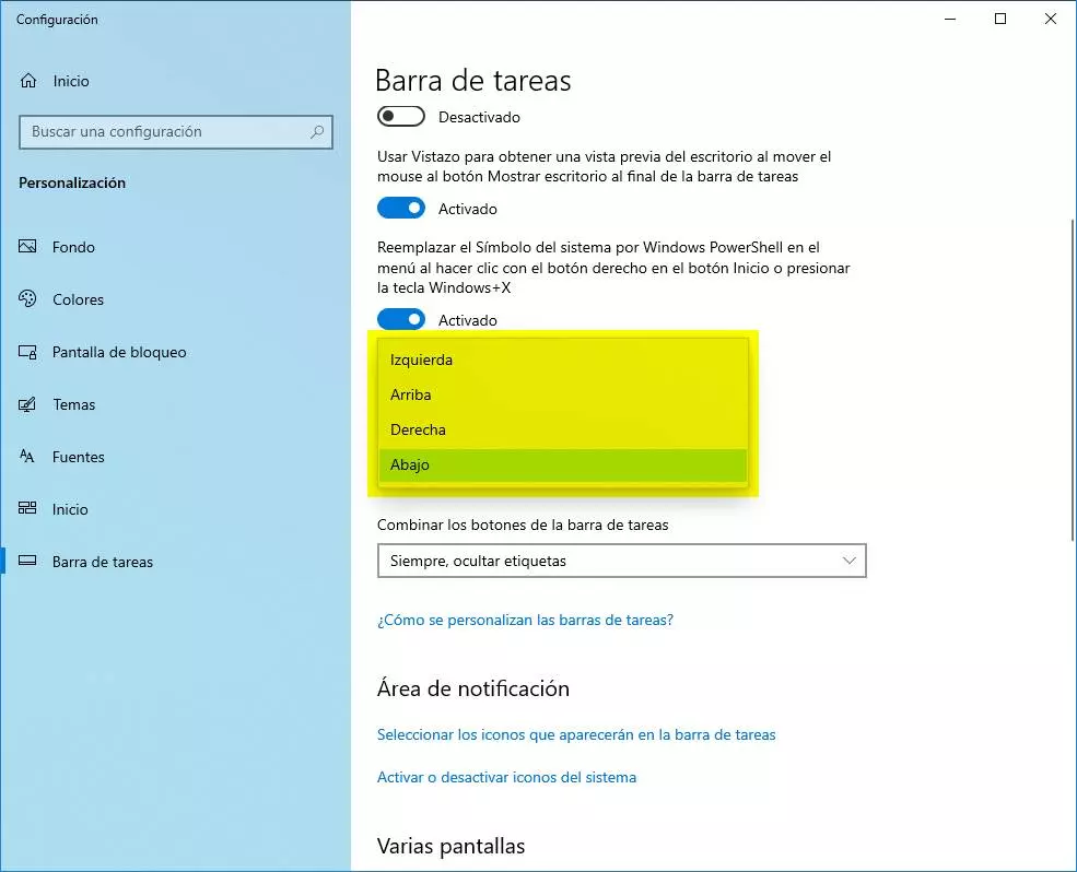 Escolla a posición da barra de tarefas en Windows 10