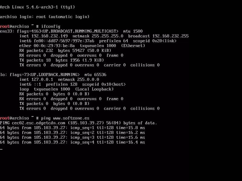 ifconfig va ping Arch Linux