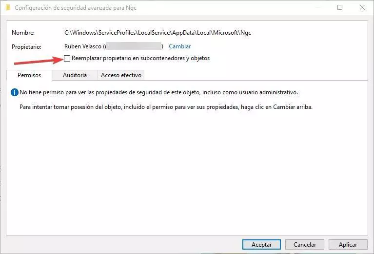 Windows フォルダのディレクトリにセキュリティの変更を適用する