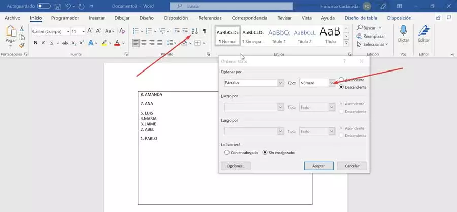 Arrange table content in Word numerically
