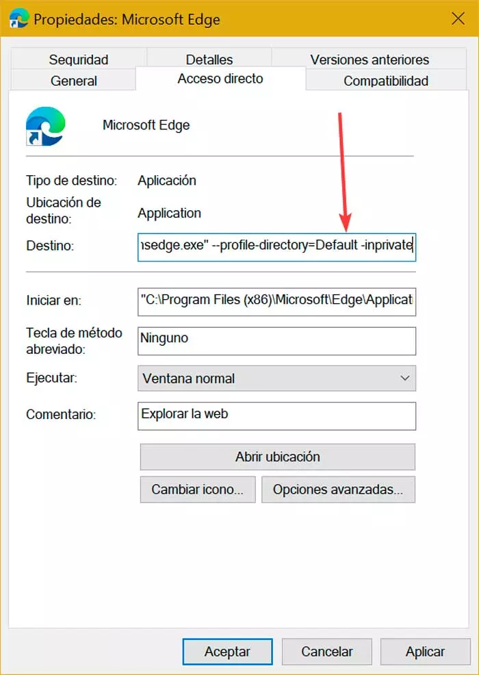 Modification des propriétés de Microsoft Edge