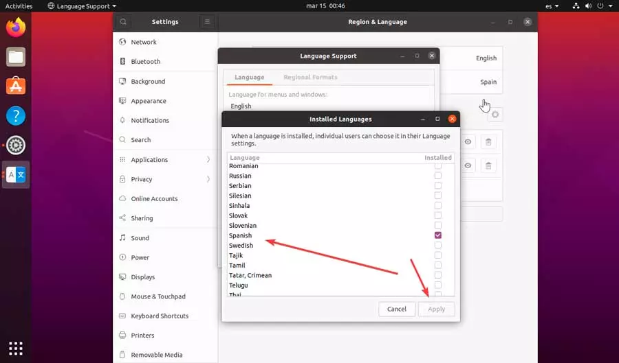Ubuntu izberite španščino in uporabite